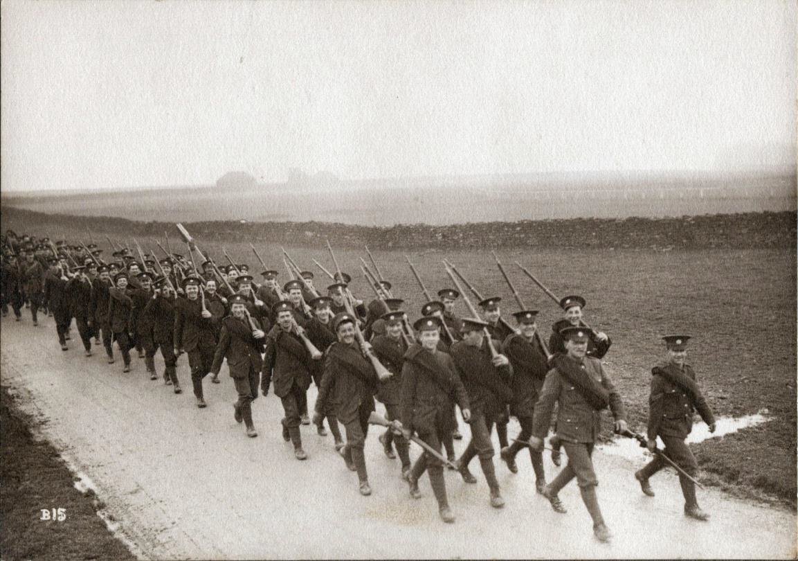 Men of the 10th (Service) Battalion Devonshire Regiment marching past ...